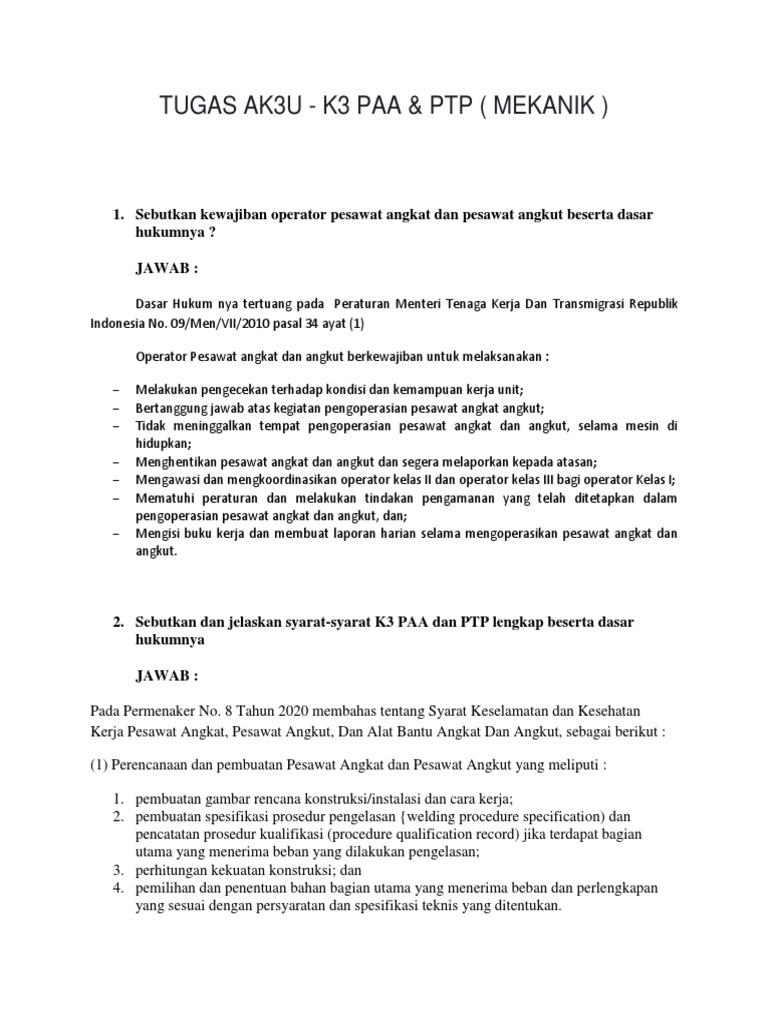 Tugas Ak3u - k3 Paa & PTP (Mekanik) Day 5 | PDF