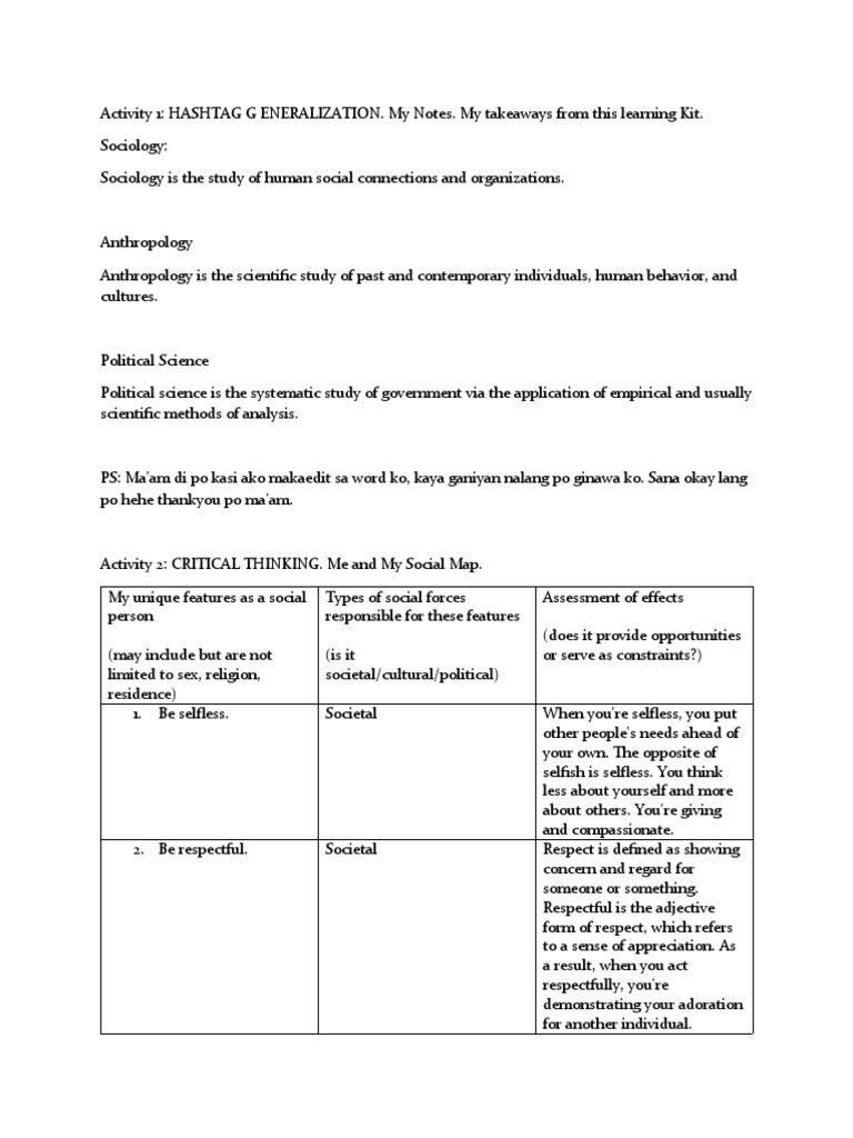 UCSP Module 1 Activity | PDF | Integrity | Self Esteem