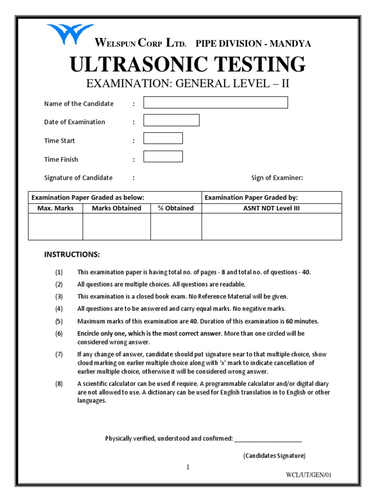 Ultrasonic Testing Level II Exam Paper | PDF | Waves | Ultrasound