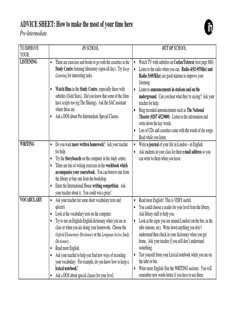ADVICE SHEET: How To Make The Most of Your Time Here: Pre-Intermediate ...