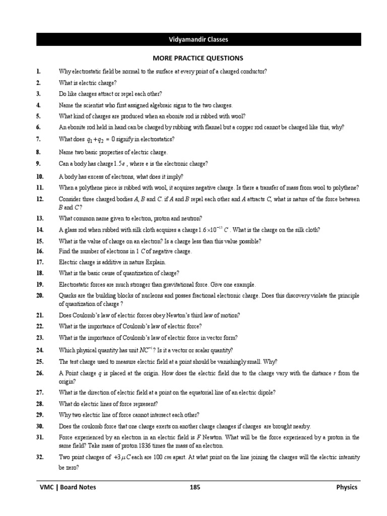 More Practice Questions | PDF | Electric Charge | Electric Field