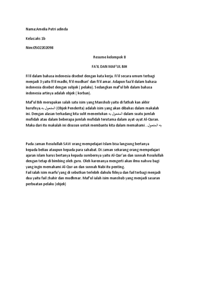 Resume 8 Bahasa Arab (Amelia Putri Adinda) | PDF
