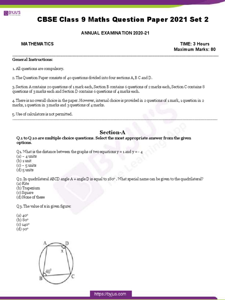 CBSE Sample Paper For Class 9 Maths 2021 Set 2 | Download Free PDF ...