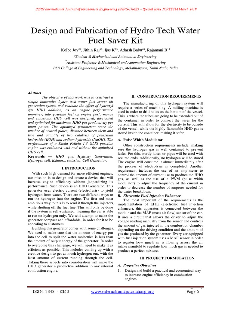Design and Fabrication of Hydro Tech Water Fuel Saver Kit: Kolbe Joy ...