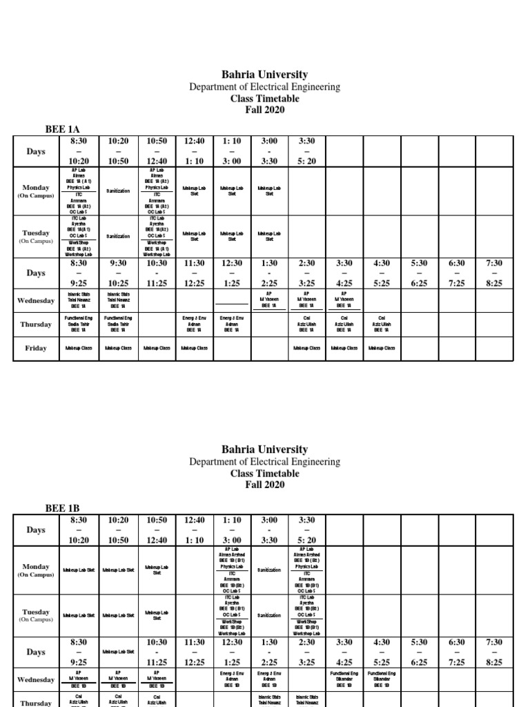 Class Time Table - Fall 2020 | PDF