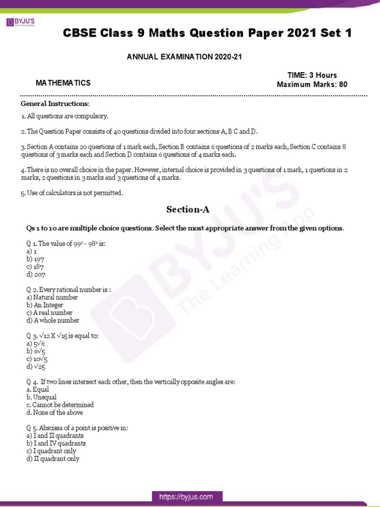 CBSE Sample Paper For Class 9 Maths 2021 Set 1 | PDF | Area | Triangle