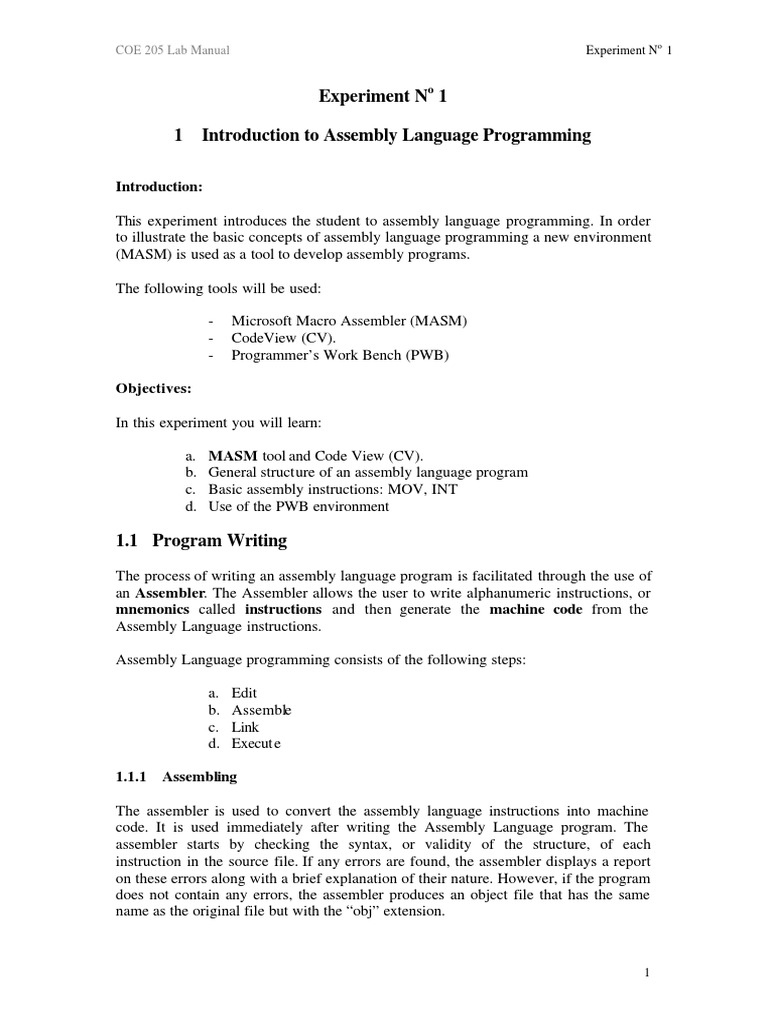 COE 205 Lab Manual Experiment N o 1 1 in | PDF | Assembly Language ... COE 205 Lab Manual Experiment N o 1 1 in | PDF | Assembly Language ...