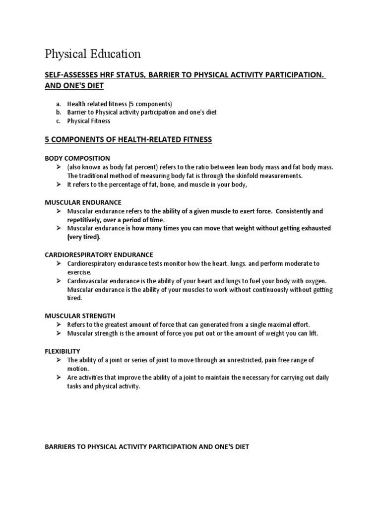 Physical Education: Self-Assesses HRF Status, Barrier To Physical ...