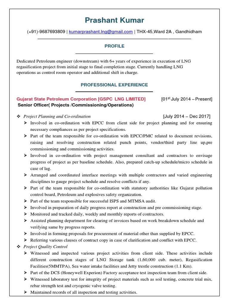 Prashant Kumar Resume | Download Free PDF | Liquefied Natural Gas