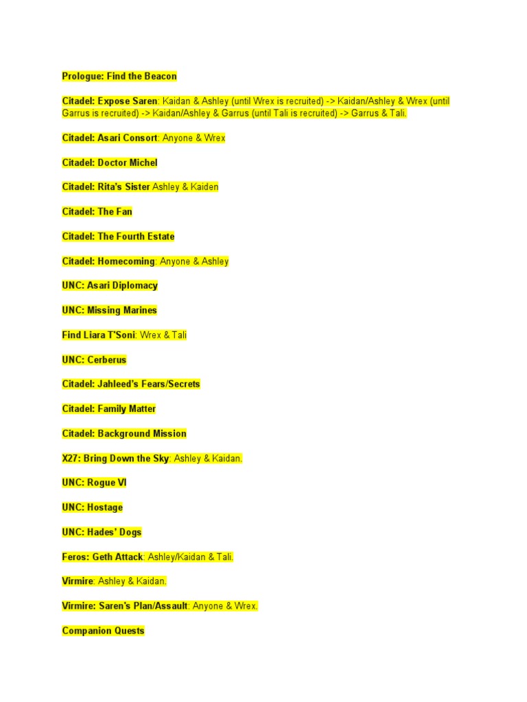 Mass Effect Mission Order and Squadmates | PDF | Space Opera Games