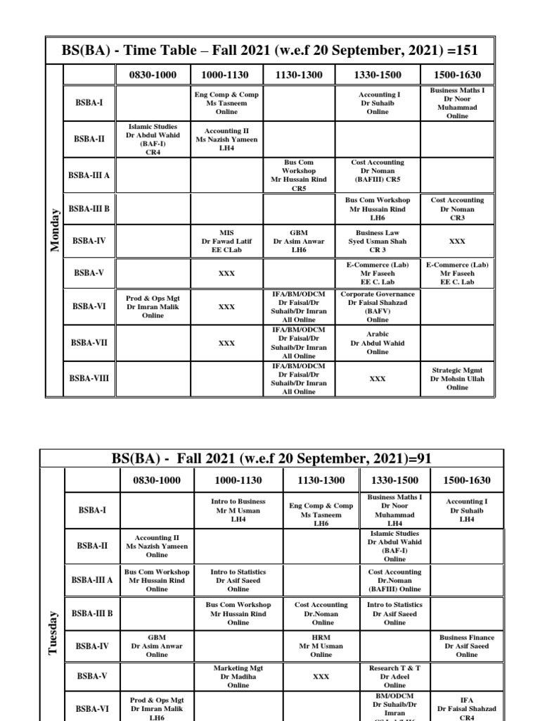 BSBA Time Table FA21 W.E.F 20 Sep 2021-V4 | PDF | Business | Economies