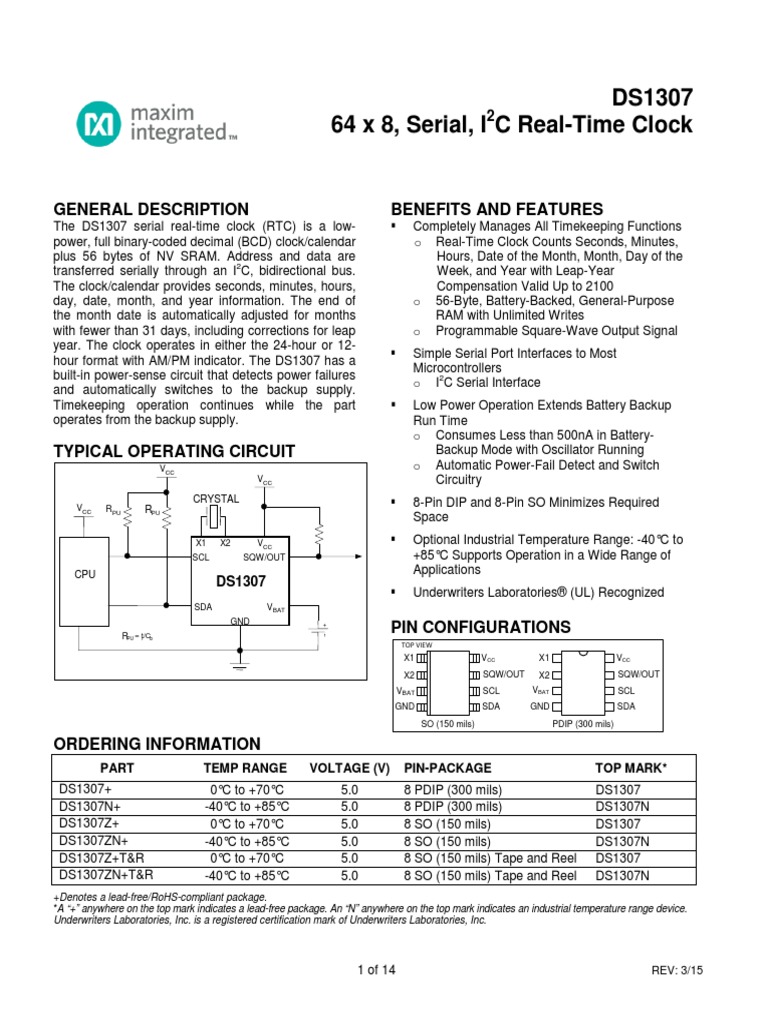 DS1307 I2c Based RTC Datasheet | PDF