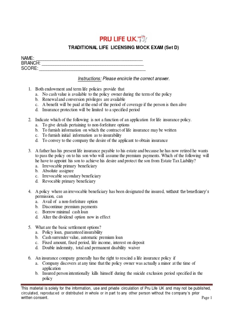 Traditional Life Licensing Mock Exam D | PDF | Insurance | Life Insurance