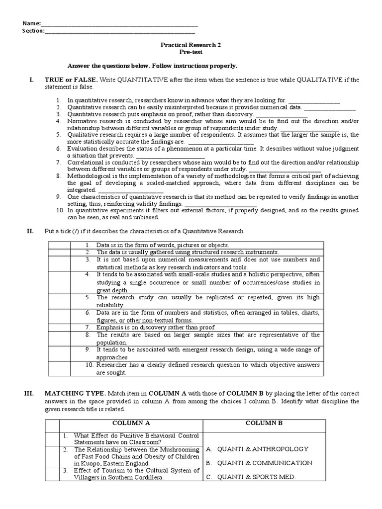 Pre Test Practical Research 2 | PDF | Quantitative Research | Statistics