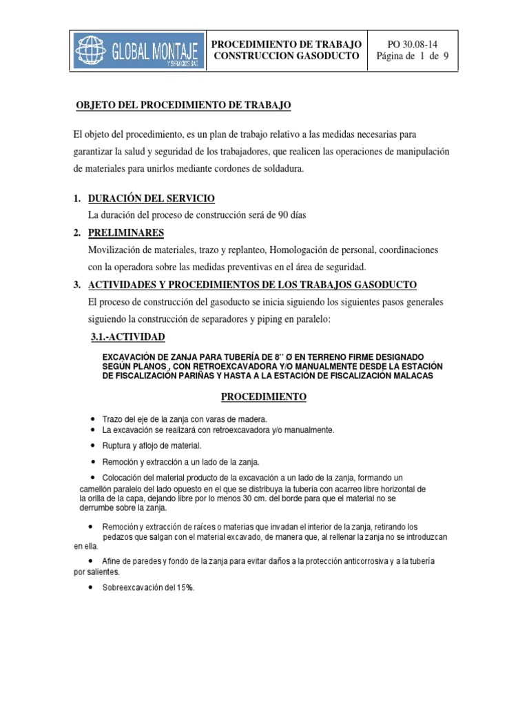 Proct de Tbjo Gasoducto 30-08-2014-ECB | PDF | Construcción | Soldadura