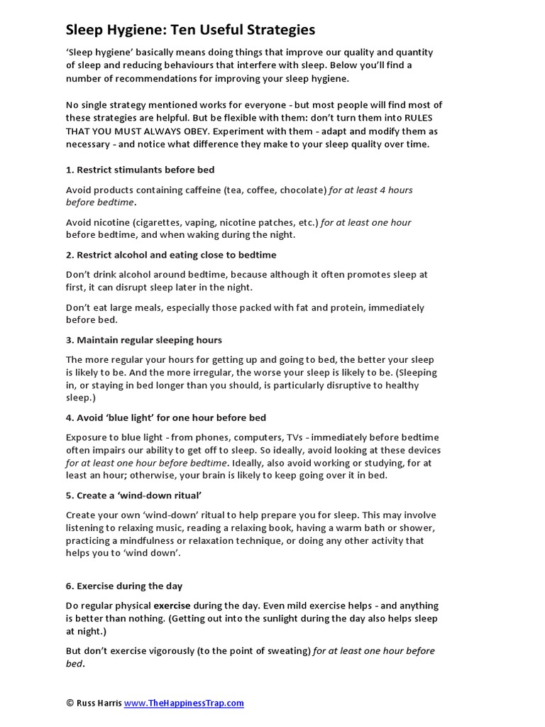Sleep Hygiene Handout For Trauma-Focused ACT - Russ Harris | PDF ...