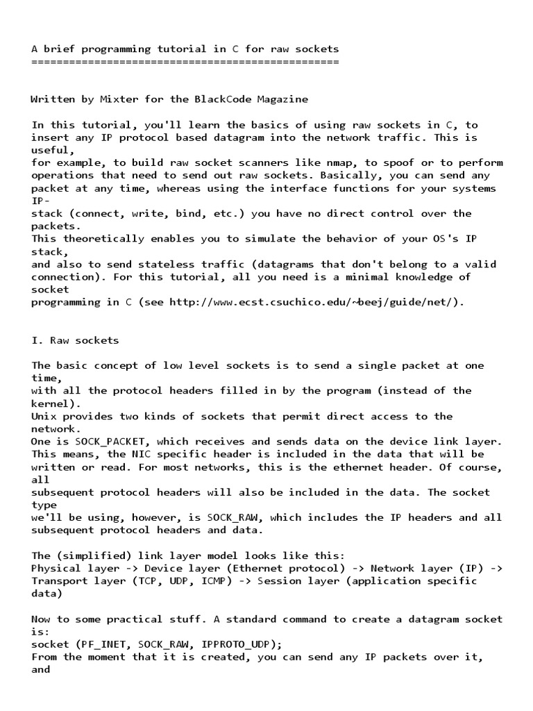 C Raw Sockets Programming Guide | PDF | Transmission Control Protocol | Internet Protocols