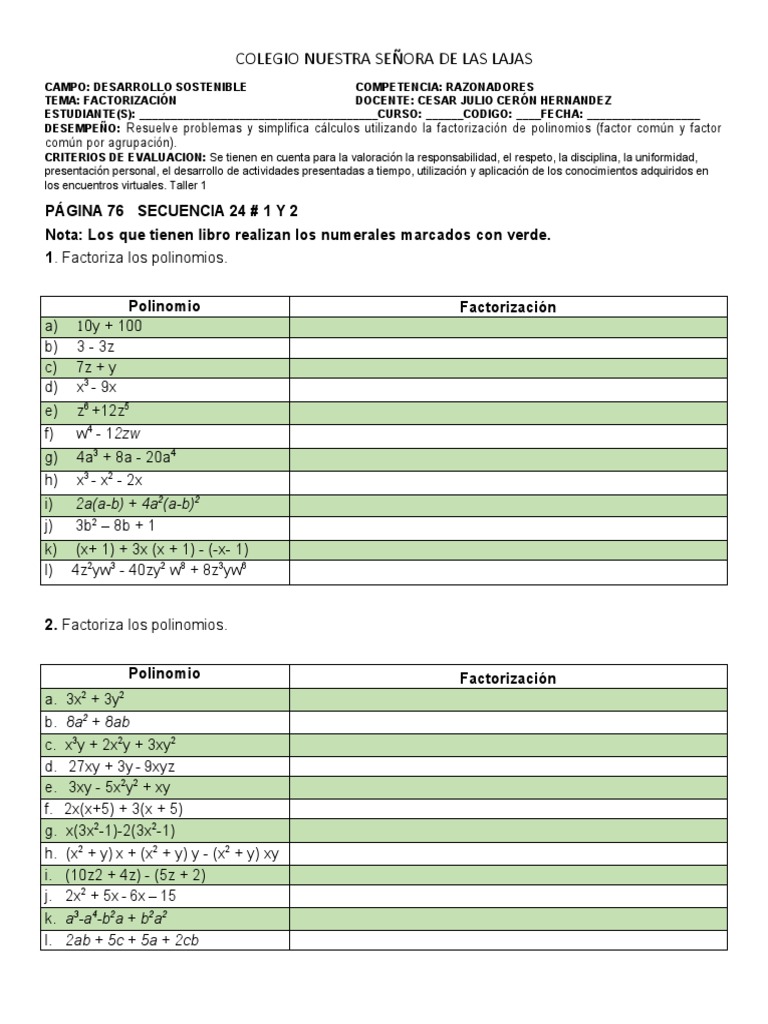 Taller 1 Factor Comun y Factor Comun Por Agrupación | PDF