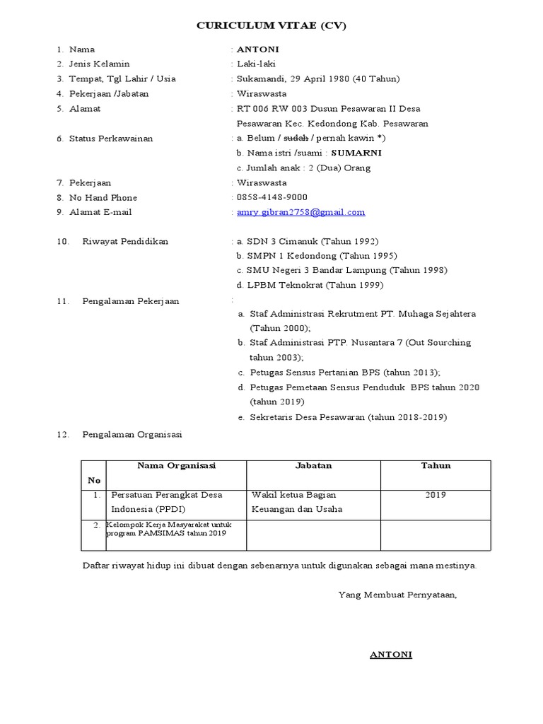 Daftar Riwayat Hidup Pemungutan Suara Antoni | PDF