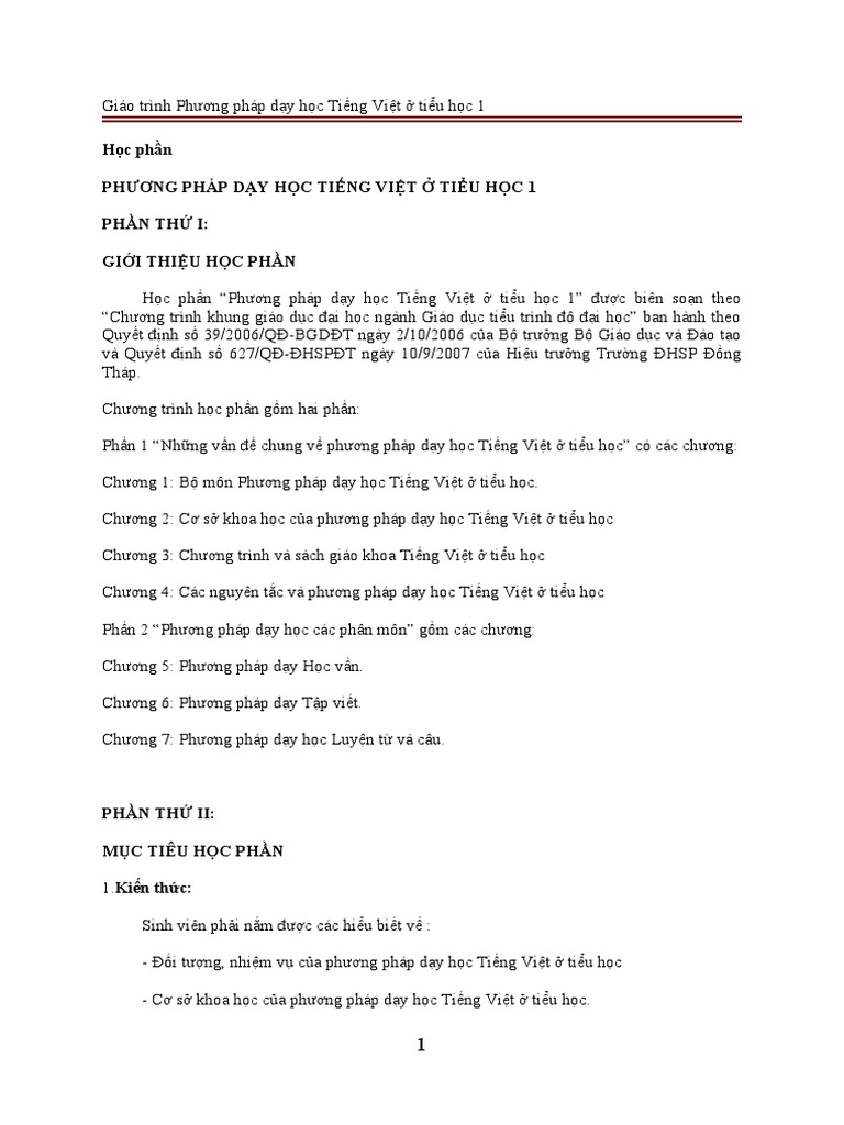 (123doc) Giao Trinh Phuong Phap Day Hoc Tieng Viet o Tieu Hoc 1 | PDF