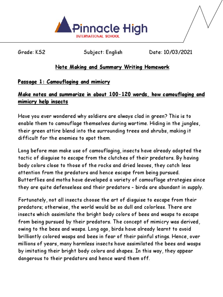 Summary Writing Passages | PDF | Predation | Mimicry