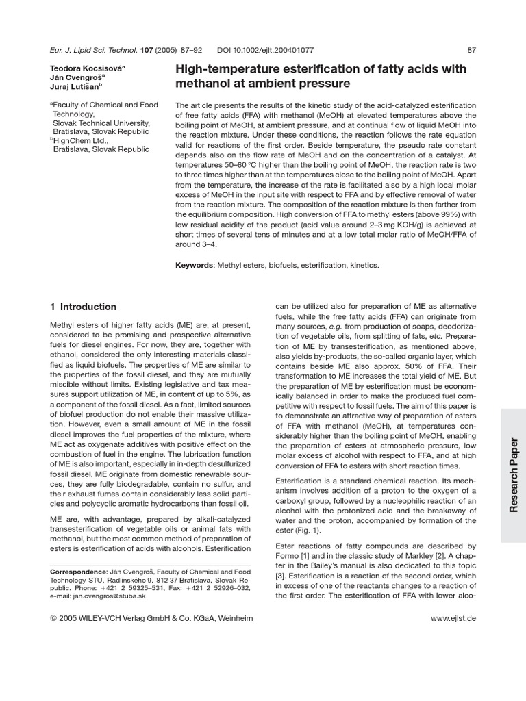 High-Temperature Esterification of Fatty Acids With Methanol at Ambient ...