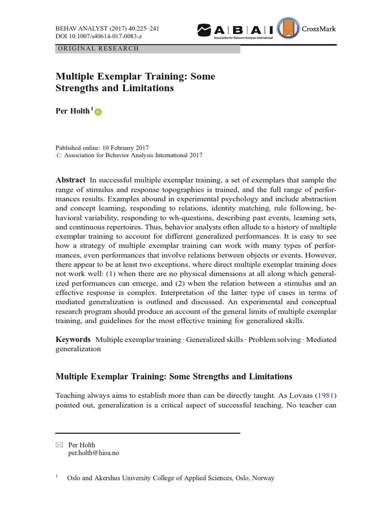 Holth - 2017 - Multiple Exemplar Training Strengths and Weaknesses ...