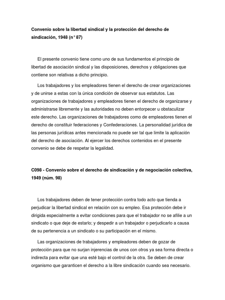 Convenio 87 y 98 de La OIT | PDF
