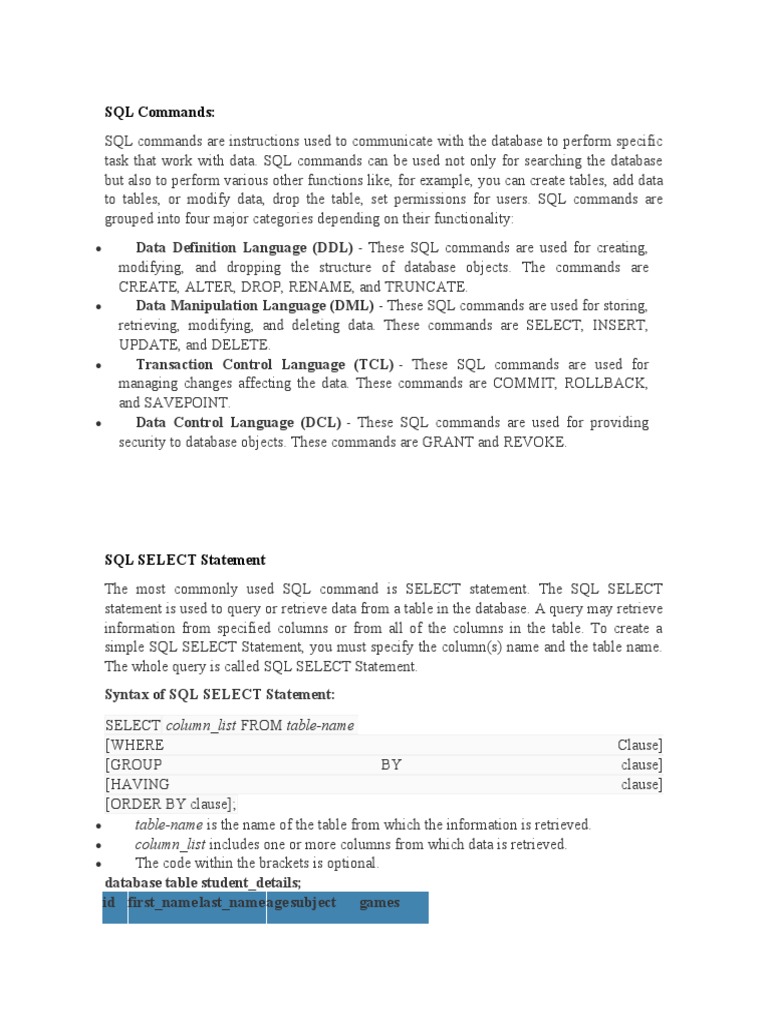 SQL Commands | PDF | Relational Database | Table (Database) SQL Commands | PDF | Relational Database | Table (Database)