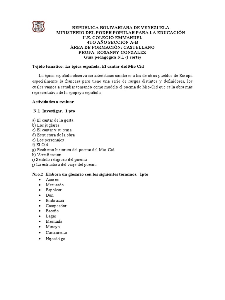 Guia Pedagogica 4 Año A-B Asignatura Castellano Profa Rosanny G. | PDF ...