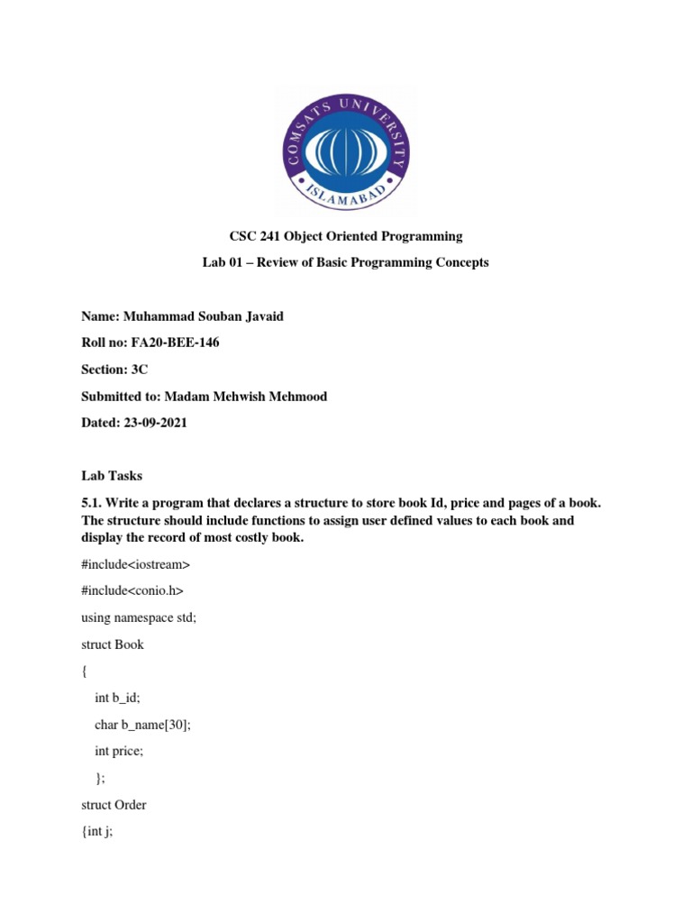 Oop Lab Report 1, Fa20-Bee-3c-146 | PDF | Namespace | Information Technology Management