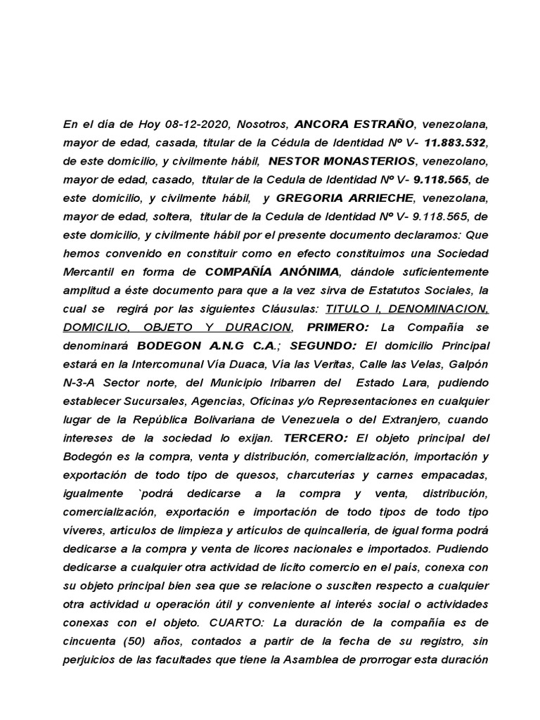 Acta Constitutiva Bodegon a.N.G C.A | Descargar gratis PDF | Contabilidad | Bancos