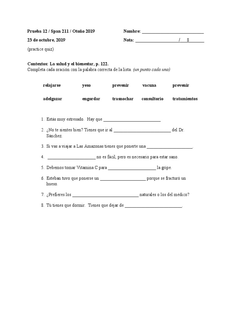 Prueba 12-Contextos, Pp. 122-125-La Salud y El Bienestar (Practice Quiz ...