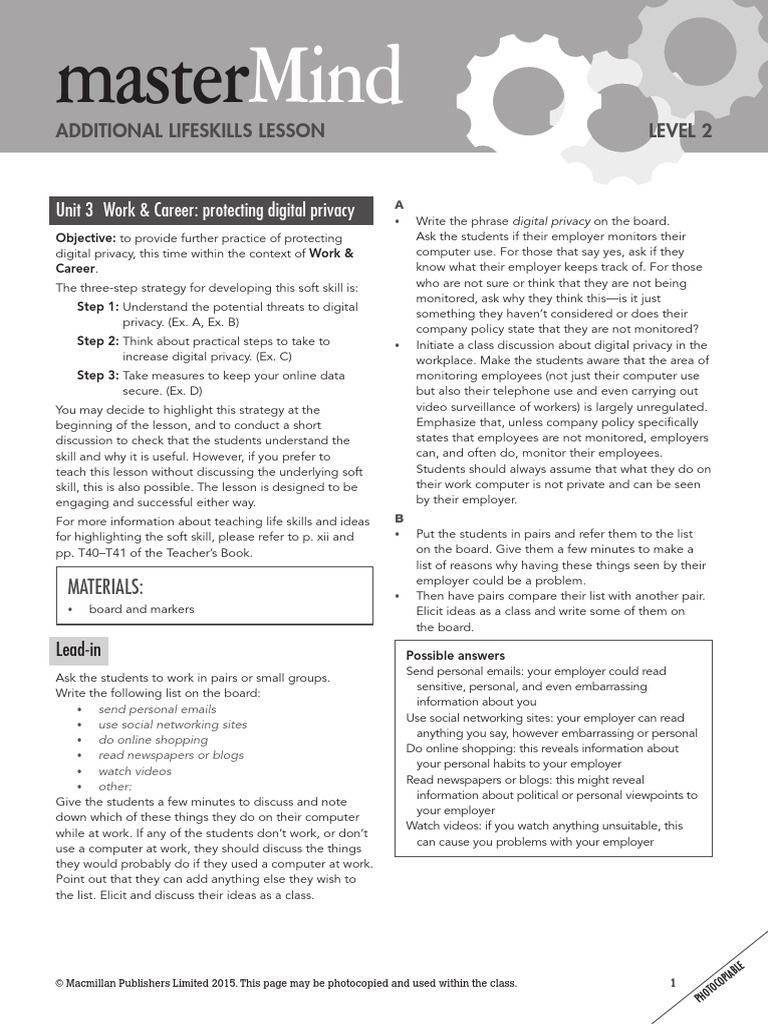 MasterMind 2 Unit 3 Extra LifeSkills Lesson 1 | PDF | Password | Privacy