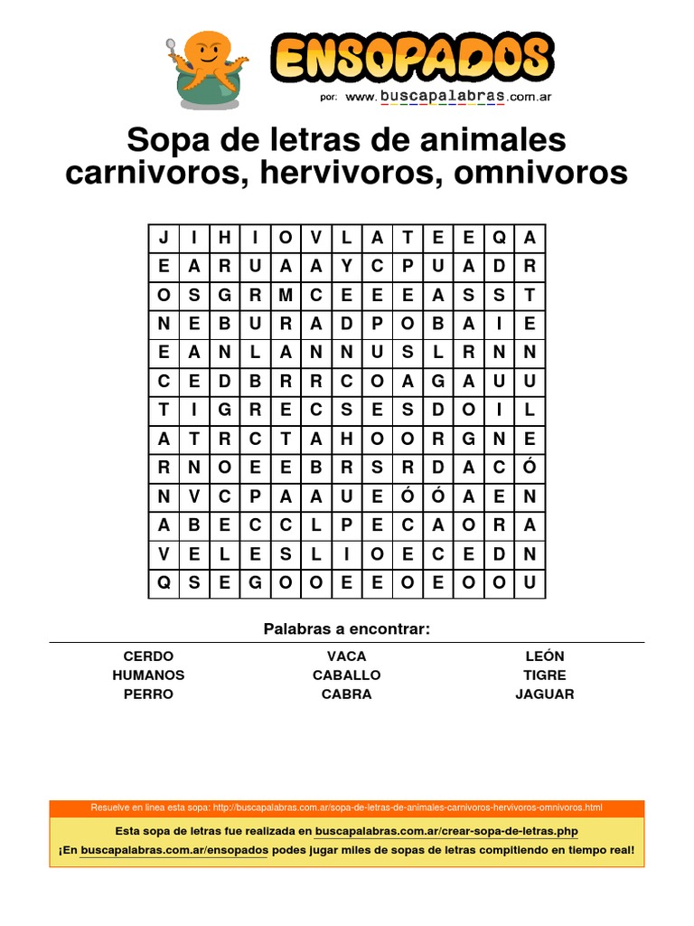 Sopa de Letras de Animales Carnivoros Hervivoros Omnivoros | PDF