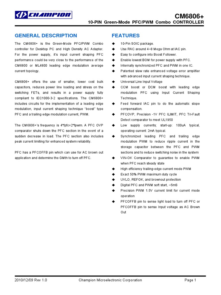 General Description Features: 10-PIN Green-Mode PFC/PWM Combo CONTROLLER | Download Free PDF ...