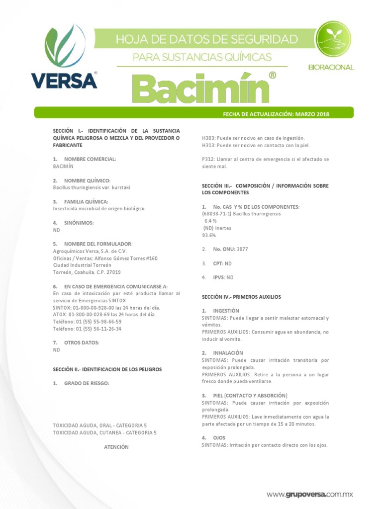 Ficha Técnica de Bacimín Insecticida | PDF | Residuos | Agua