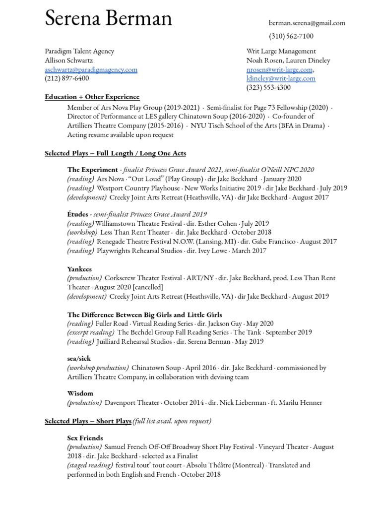 Serena Berman Writing Resume | PDF | Entertainment | Performing Arts