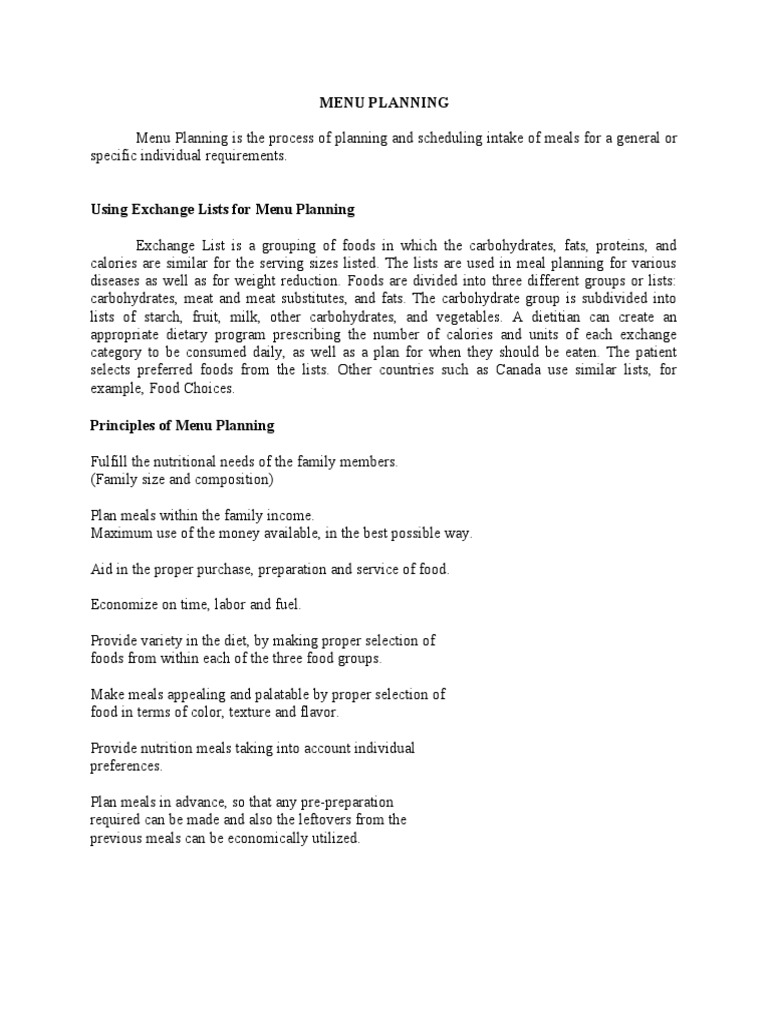 Menu Planning | Download Free PDF | Foods | Calorie