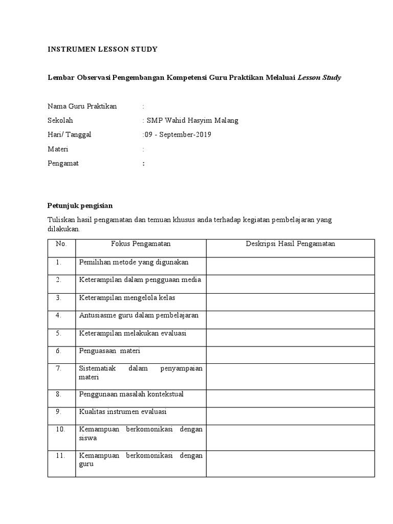 Instrumen Lesson Study | PDF