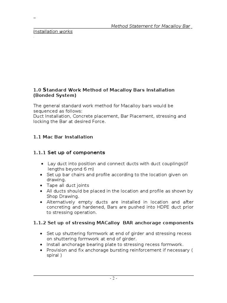 Mac Alloy Bars Method Statement | PDF | Concrete | Stress (Mechanics)