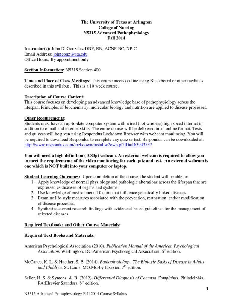 N5315 Advanced Pathophysiology Syllabus | PDF | Plagiarism | Academic ...