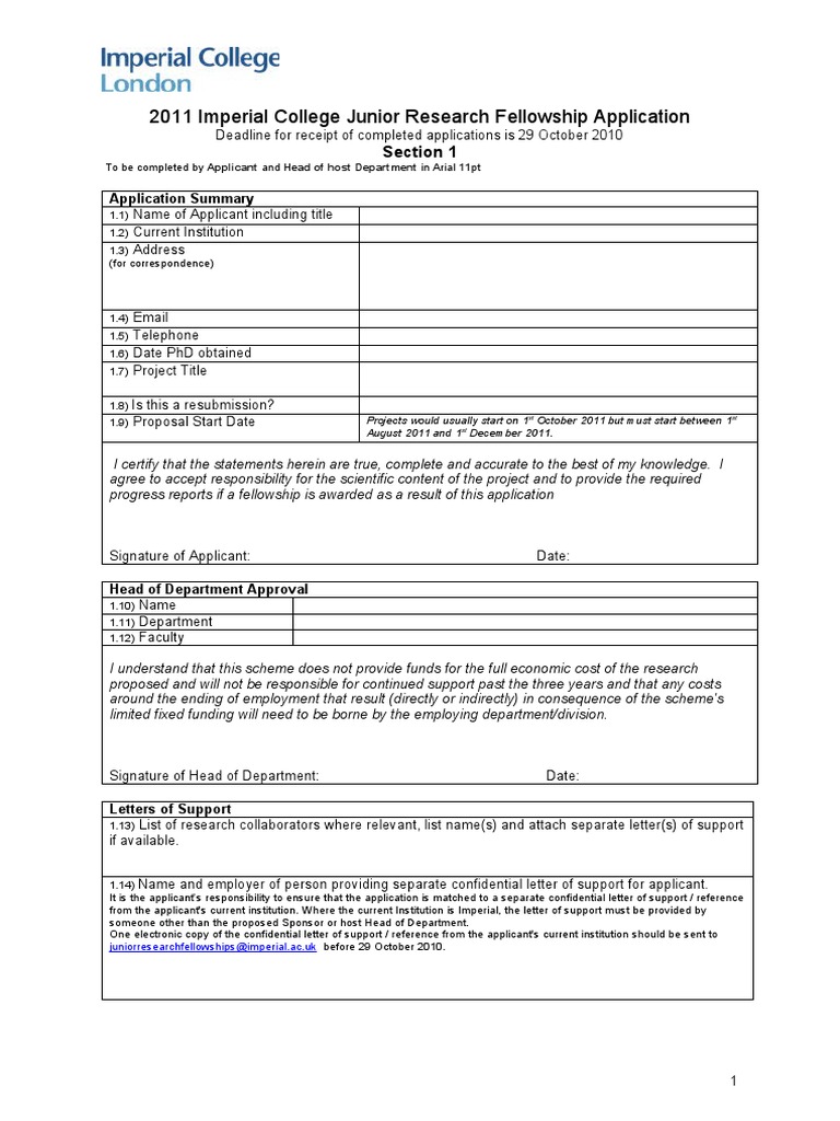 Imperial College JRF Application 2011 | PDF