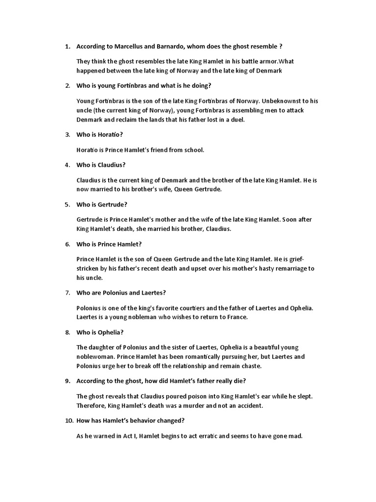 Questions Hamlet Acts 1 To 5 | PDF | Hamlet | Shakespearean Tragedies