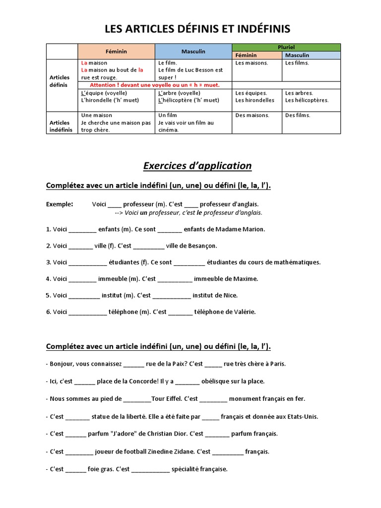 Les Articles Dfinis Et Indefinis Exs Corrigs | PDF | Arts du langage et discipline