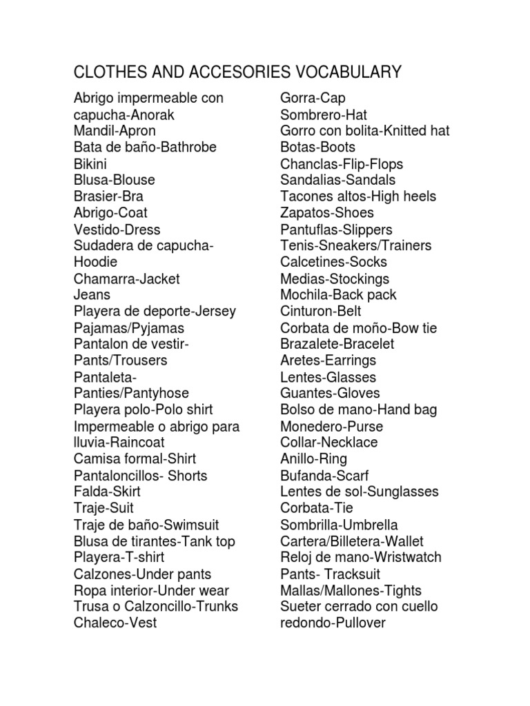 Vocabulario de Ropa y Accesorios | PDF