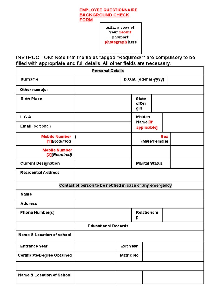 Employee Questionnaire Form | PDF | Background Check | National Security