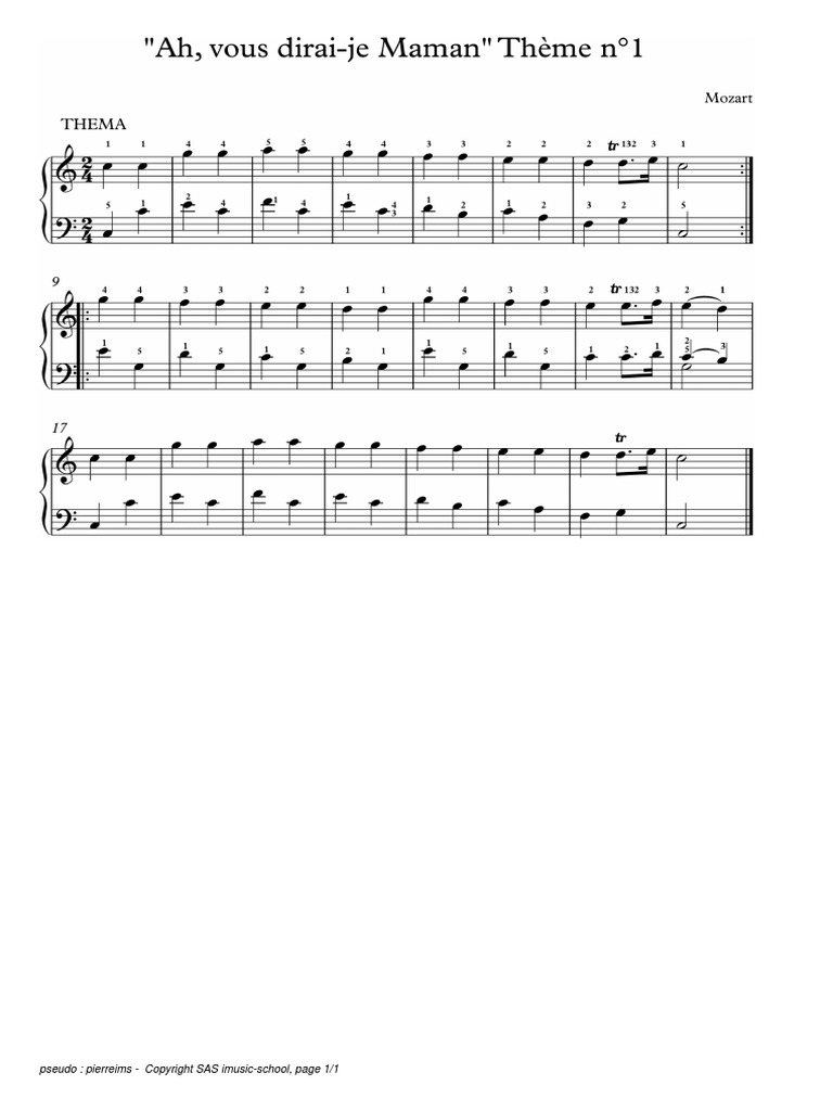 Ah Vous Dirai Je Maman Thème Mozart Partition Piano | PDF