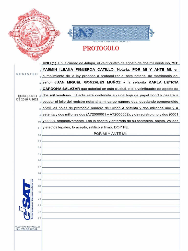 Documento de Protocolización. Acta Notarial de Matrimonio | PDF | Derecho