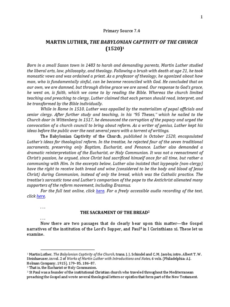 Primary Source 74 Martin Luther The Babylonian Captivity of The Church ...